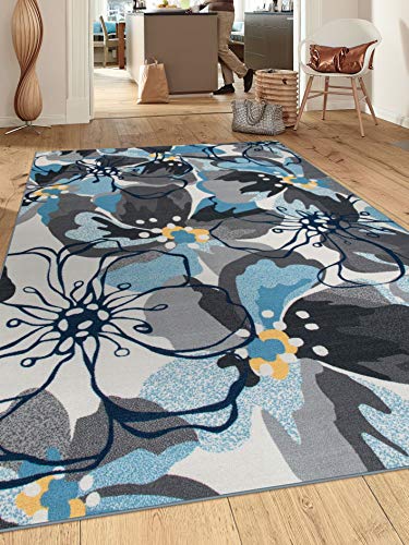 Rugshop Contemporary Gray-Blue Large Floral Non-Slip Area Rug 5' x 7' - Stylish Accent