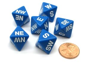 koplow games set of 6 compass cardinal direction 8 sided dice - blue with white letters