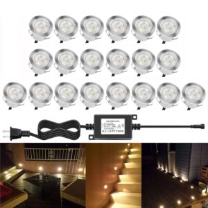 qaca led deck lights outdoor waterproof low voltage stainless steel 1w outdoor yard garden decoration lamps landscape pathway patio step stairs led in-ground lights silver border(20pcs, warm white)