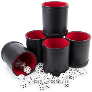 brybelly dice set with dice shaker cup - perfect for casino dice game for family leather - poker dice shaker - 5 red lined dice cups and 25 dice sets