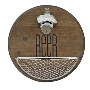 foreside home and garden rustic wood wall mount beer bottle opener with metal basket, brown