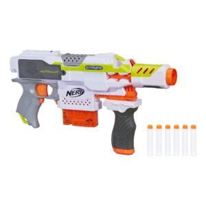 nerf modulus stryfe motorized blaster - fires 6 darts in a row - includes drop grip, barrel extension, 6-dart clip, 6 nerf elite darts (amazon exclusive)