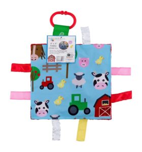 baby sensory crinkle & teething square lovey with closed ribbon tags enhances cognitive social & emotional development 8 x 8 inch (farm friends)