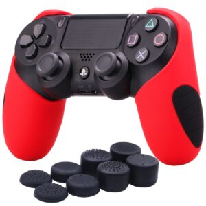 yorha silicone half extra thick cover skin case for sony ps4/slim/pro dualshock 4 controller x 1(red) with pro thumb grips x 8