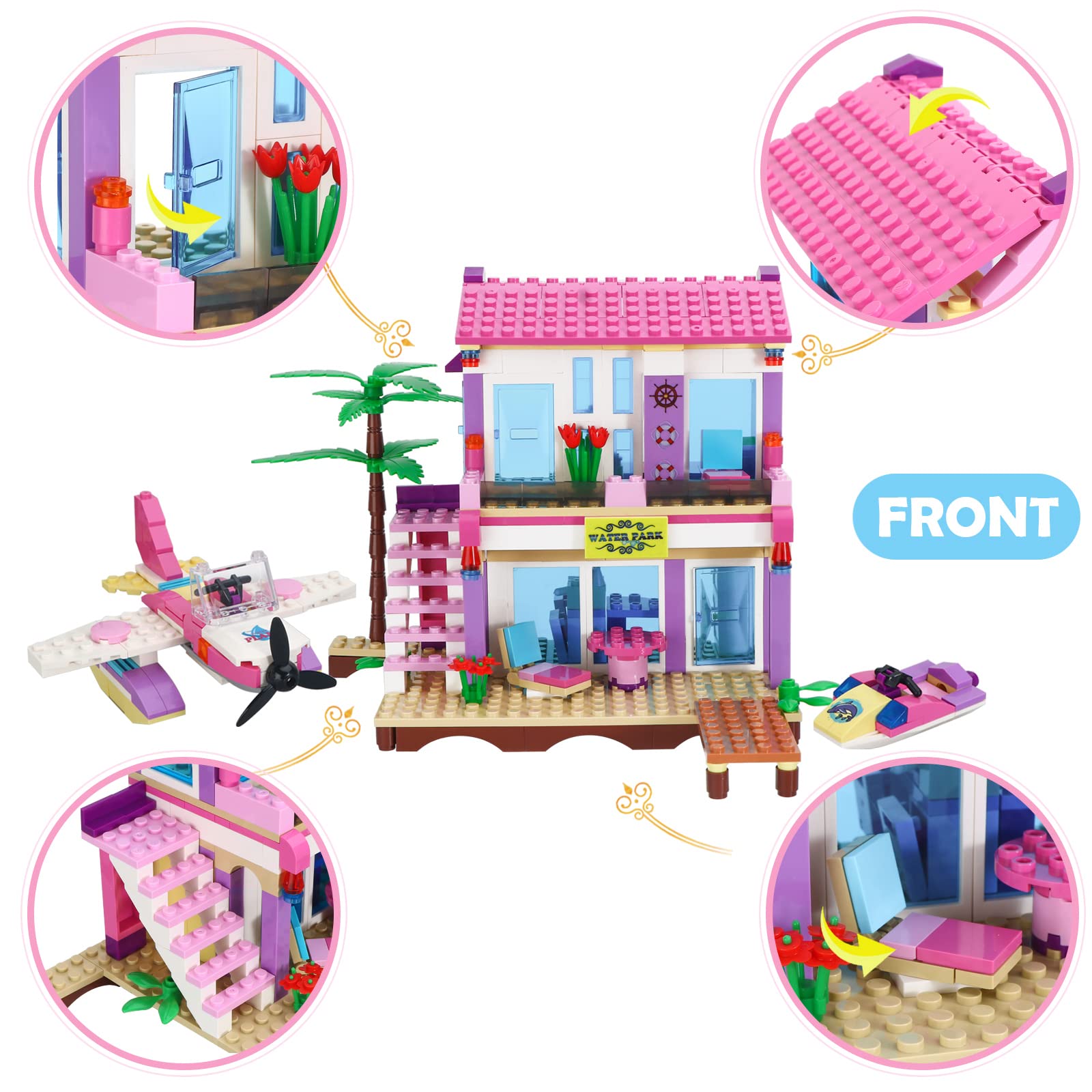 Dream Girls Blocks Friends Building Set Big Beach Villa with Plane and Jet Ski Fun Preschool Educational toys for Boys and Girls 423Pcs