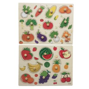 home learning preschool early educational development colorful fruit and vegetables wooden peg puzzle jigsaw bundle shape toys and games for age 3-7 years old child children boys girls