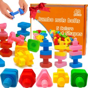 jumbo nuts and bolts for toddlers - 40 pcs screw toys for toddlers 1-3 - occupational therapy toys with storage tote and book - shape sorter fine motor toys - manipulatives for preschoolers