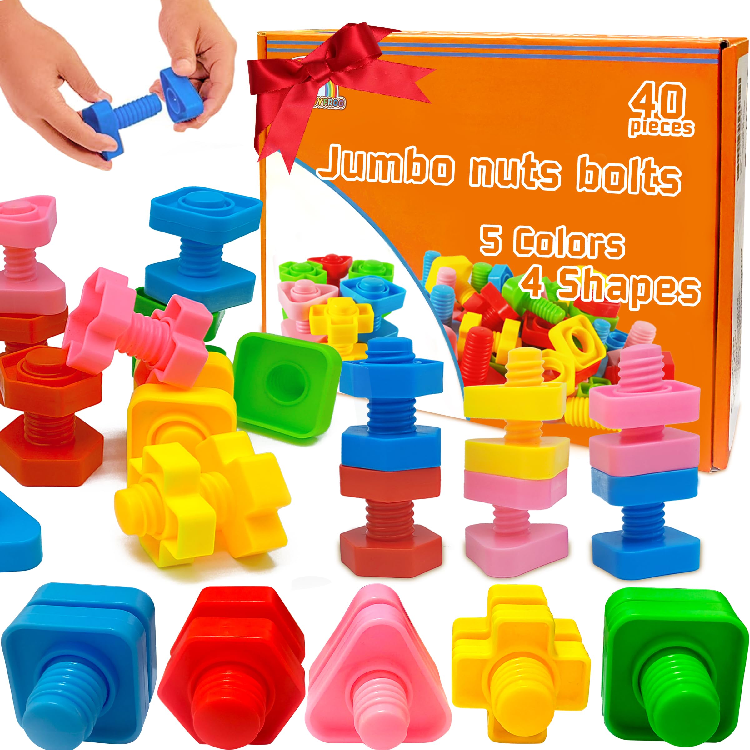 Jumbo Nuts and Bolts for Toddlers - 40 Pcs Screw Toys for Toddlers 1-3 - Occupational Therapy Toys with Storage Tote and Book - Shape Sorter Fine Motor Toys - Manipulatives for Preschoolers