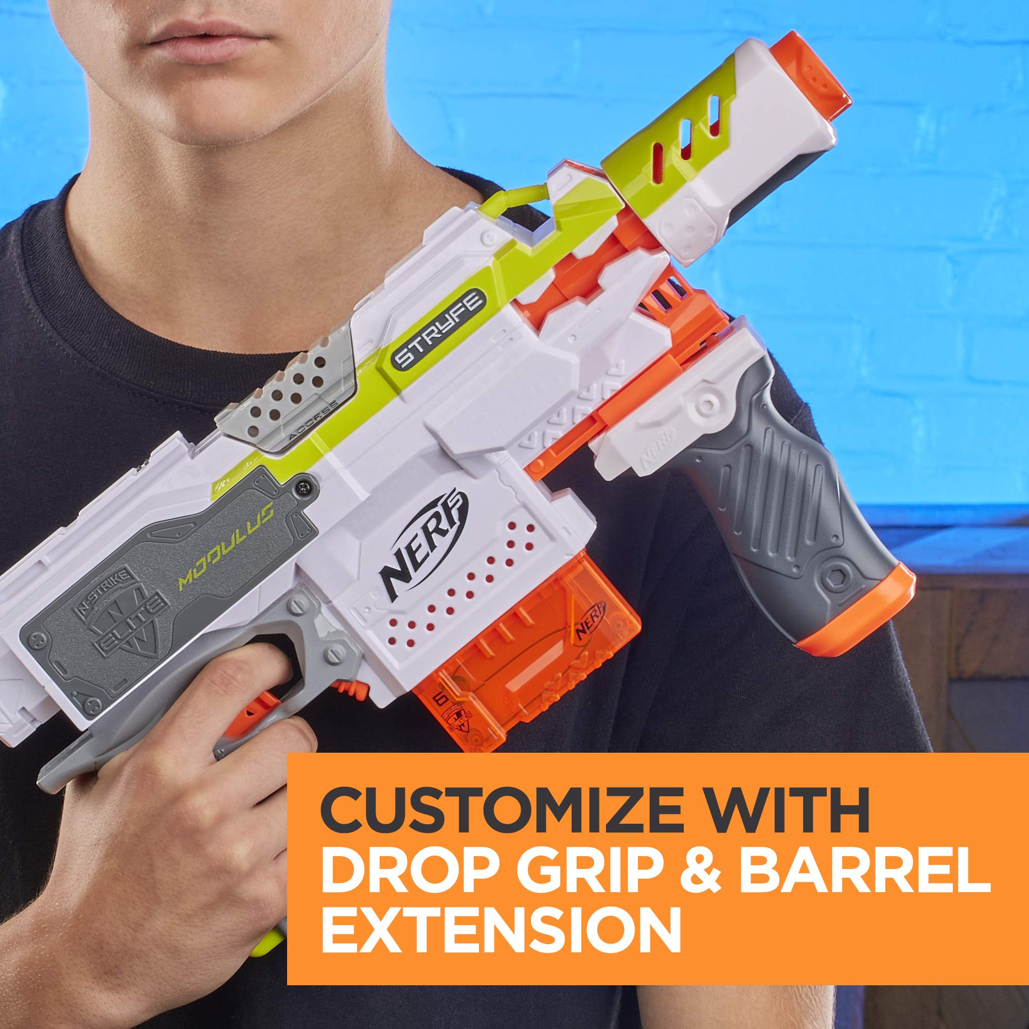 Nerf Modulus Stryfe Motorized Blaster - Fires 6 Darts in a Row - Includes Drop Grip, Barrel Extension, 6-Dart Clip, 6 Nerf Elite Darts (Amazon Exclusive)