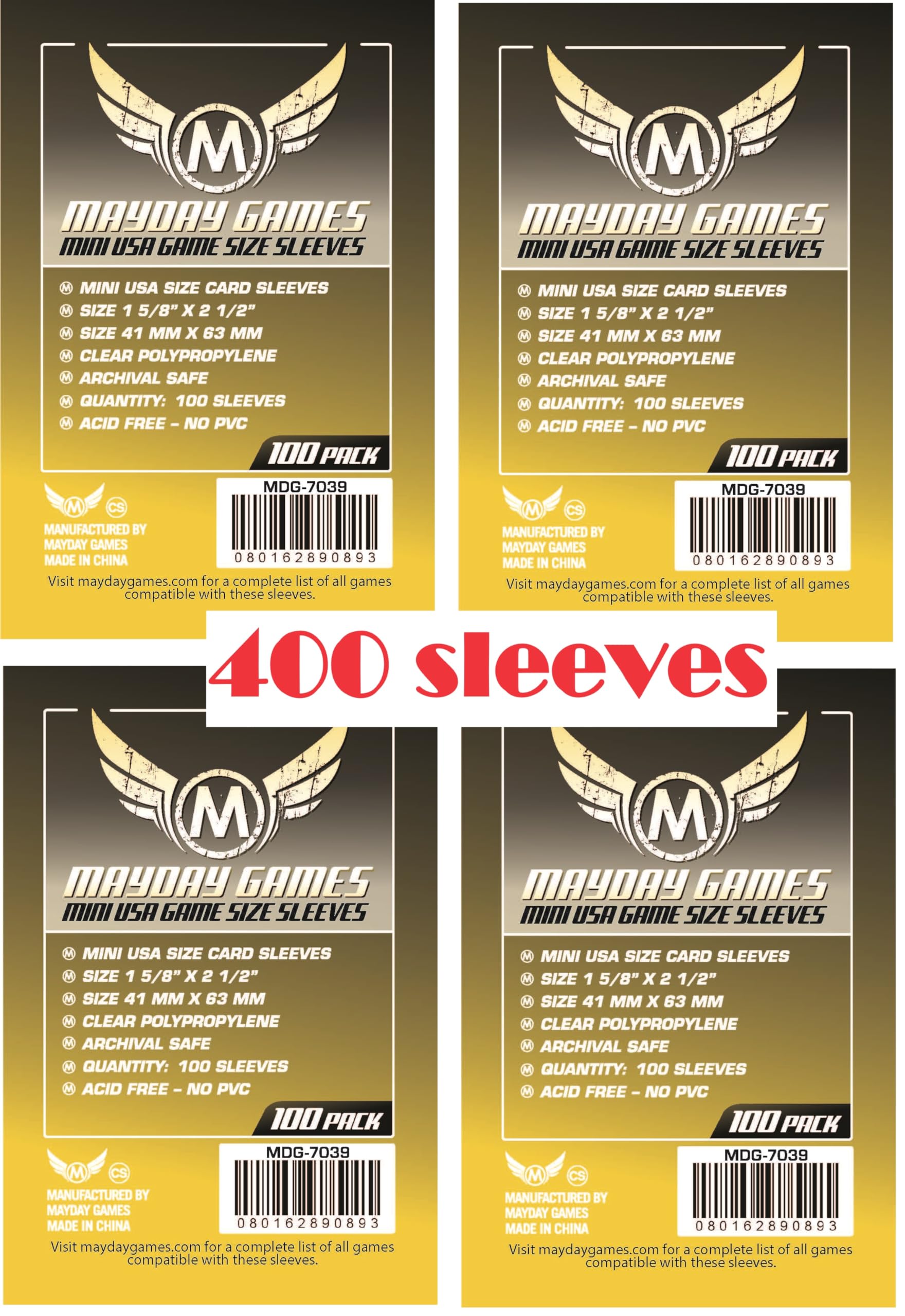 Mayday Games 7039 Clear Sleeves 41x63mm Mini USA Size (4x100 Pack, 400 sleeves)