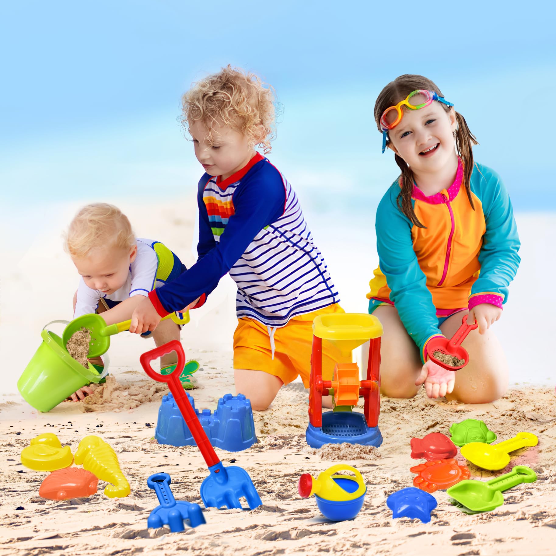 Beach Toys, 19 Piece Sand Toys Set Kids Sandbox Toys Includes Water Wheel Beach Tool Kit Bucket Watering Can Molds Sand Toys Mesh Bag for Travel, Beach Toys for Kids Ages 3-13