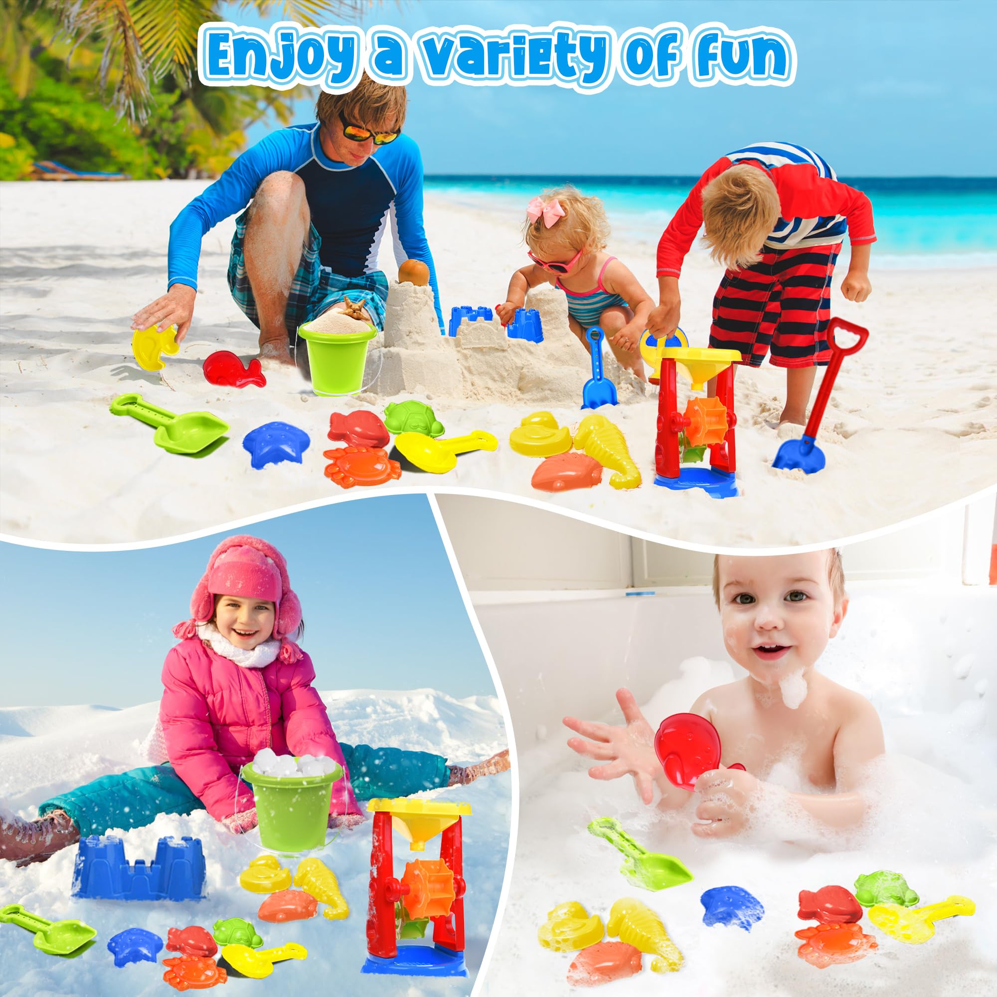 Beach Toys, 19 Piece Sand Toys Set Kids Sandbox Toys Includes Water Wheel Beach Tool Kit Bucket Watering Can Molds Sand Toys Mesh Bag for Travel, Beach Toys for Kids Ages 3-13