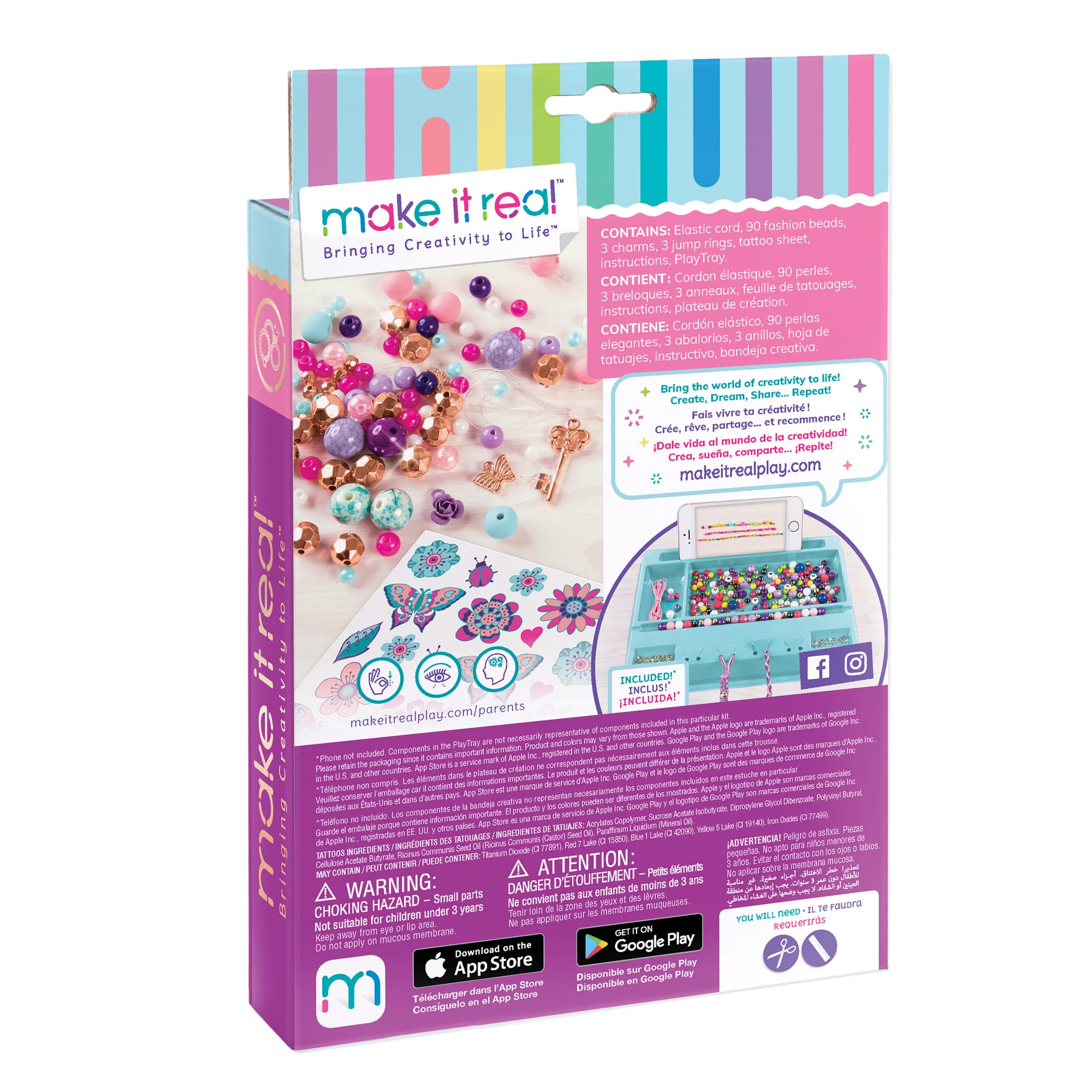 Make It Real: Bedazzled! Charm Bracelets Kit - Blooming Creativity - Create 3 Unique Bracelets, 104 Pieces, Includes Play Tray, All-In-One, DIY Jewelry Kit, Tweens & Girls, Arts & Crafts, Ages 8+