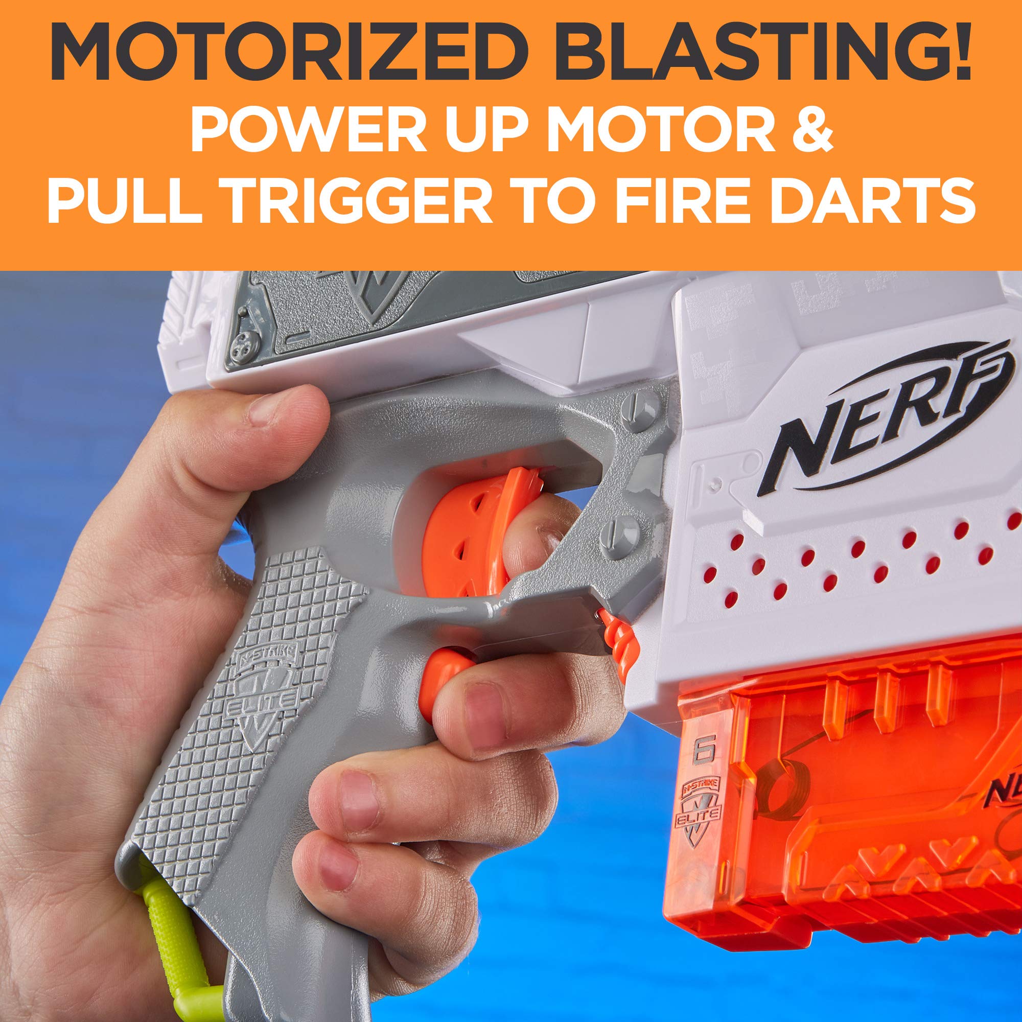 Nerf Modulus Stryfe Motorized Blaster - Fires 6 Darts in a Row - Includes Drop Grip, Barrel Extension, 6-Dart Clip, 6 Nerf Elite Darts (Amazon Exclusive)