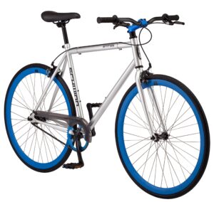 schwinn stites fixie adult commuter road bike, single-speed, 58cm/large steel stand-over frame, 700c wheels, flip-flop hub, silver