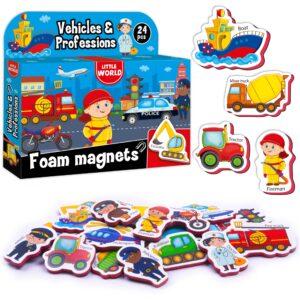 little world large set of 24 foam fridge magnets for toddlers 1-3 - refrigerator magnets for kids – baby magnets for refrigerator 1 year old - magnetic vehicles for toddlers 1-2 - child safe magnets