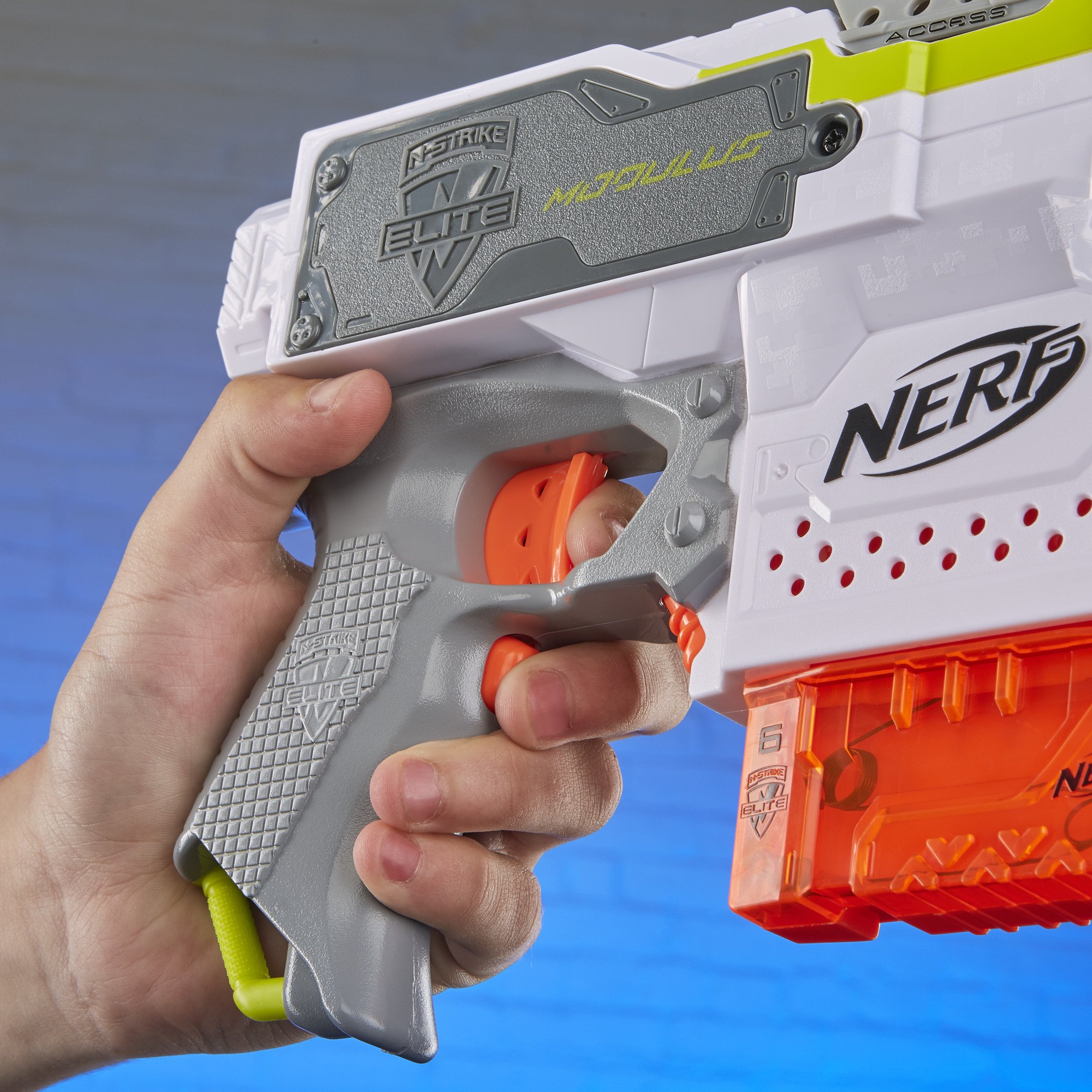 Nerf Modulus Stryfe Motorized Blaster - Fires 6 Darts in a Row - Includes Drop Grip, Barrel Extension, 6-Dart Clip, 6 Nerf Elite Darts (Amazon Exclusive)