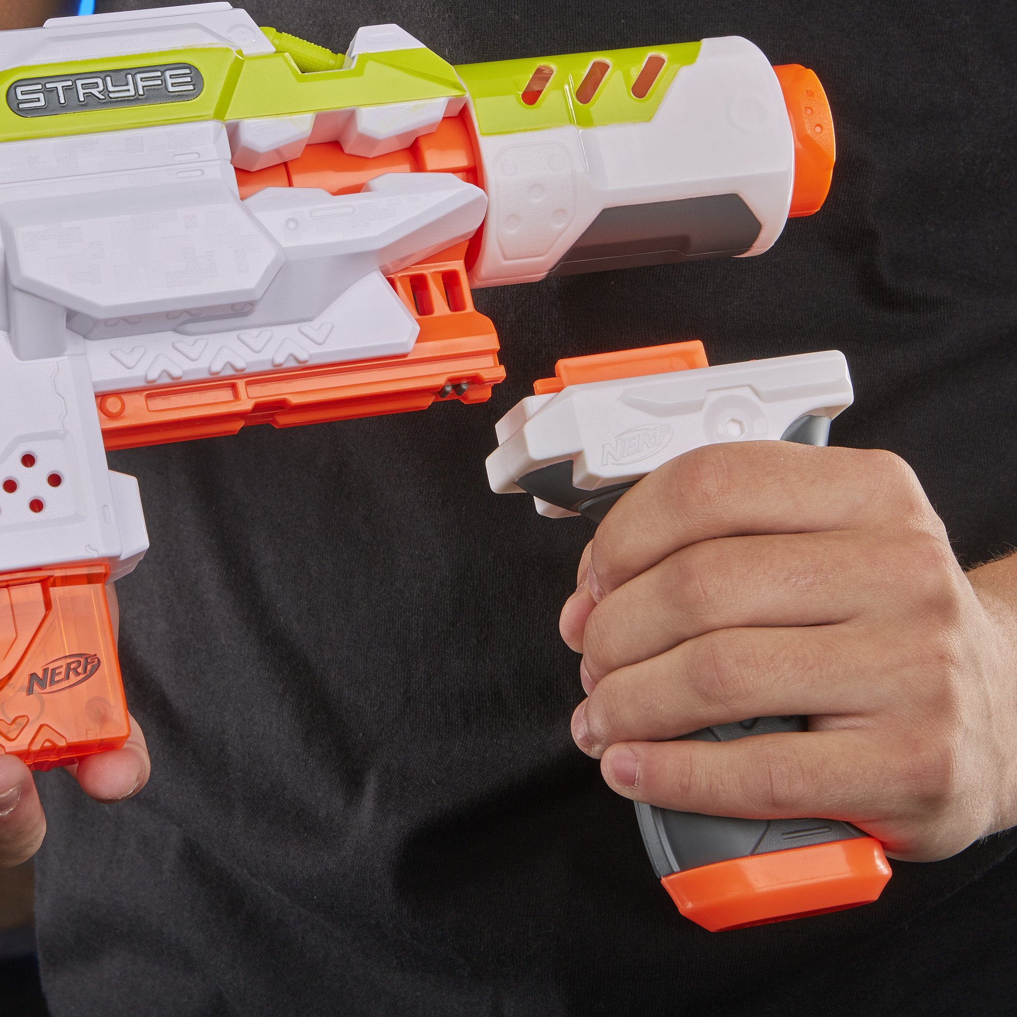 Nerf Modulus Stryfe Motorized Blaster - Fires 6 Darts in a Row - Includes Drop Grip, Barrel Extension, 6-Dart Clip, 6 Nerf Elite Darts (Amazon Exclusive)