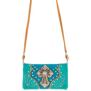 Justin West Floral Studs Laser Cut Western Rhinestone Cross Handbag Purse Conceal Carry (Turquoise Handbag Wallet Set)