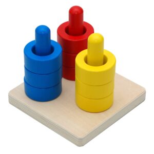 elite montessori 3 wooden colored discs on colored dowels for 6+ months, 1 year old baby, brain development and eye hand coordination activities