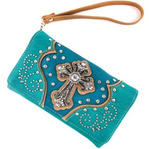 Justin West Floral Studs Laser Cut Western Rhinestone Cross Handbag Purse Conceal Carry (Turquoise Handbag Wallet Set)