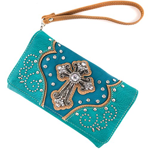 Justin West Floral Studs Laser Cut Western Rhinestone Cross Handbag Purse Conceal Carry (Turquoise Handbag Wallet Set)