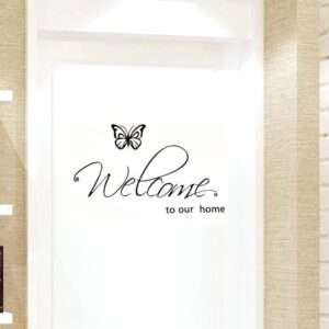 bibitime flying black butterfly saying welcome to our home front door sign decal vinyl letters quotes stickers for christmas living room porch garden,diy 27.95" x 10.23"