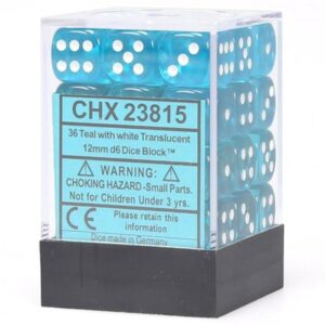 chessex translucent 12mm d6 teal/white dice block (36 dice),23815chx