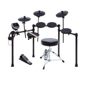 alesis seven-piece electronic drum burst kit with dm6 drum module includes drum throne, drum sticks, and free headphones