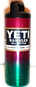 yeti custom powder coated rambler stainless steel insulated water bottle, summertime raspberry pink/emerald green shimmer