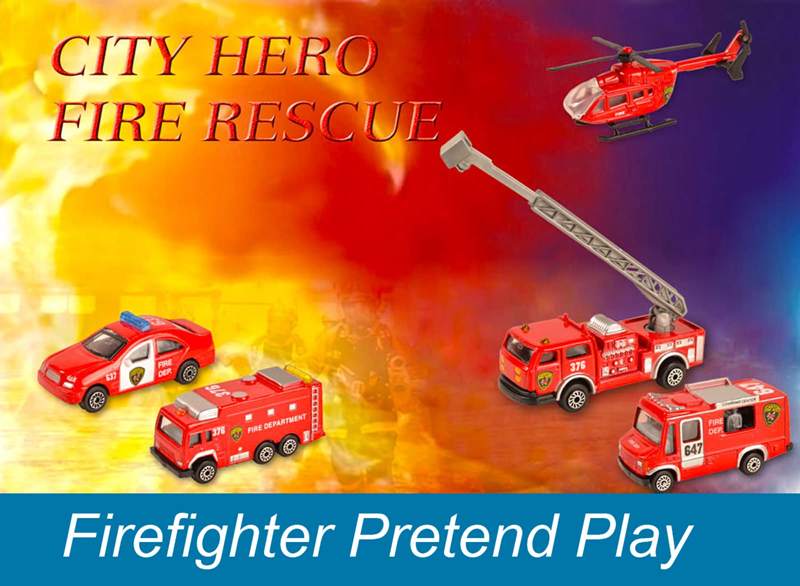 BOHS 5-Pack Fire & Emergency Rescue Vehicles Set - Die-Cast Metal Miniatures - Aerial Ladder Firetruck, Rescue Helicopter, Water Tank Fire Engine, Patrol Car & Command Center