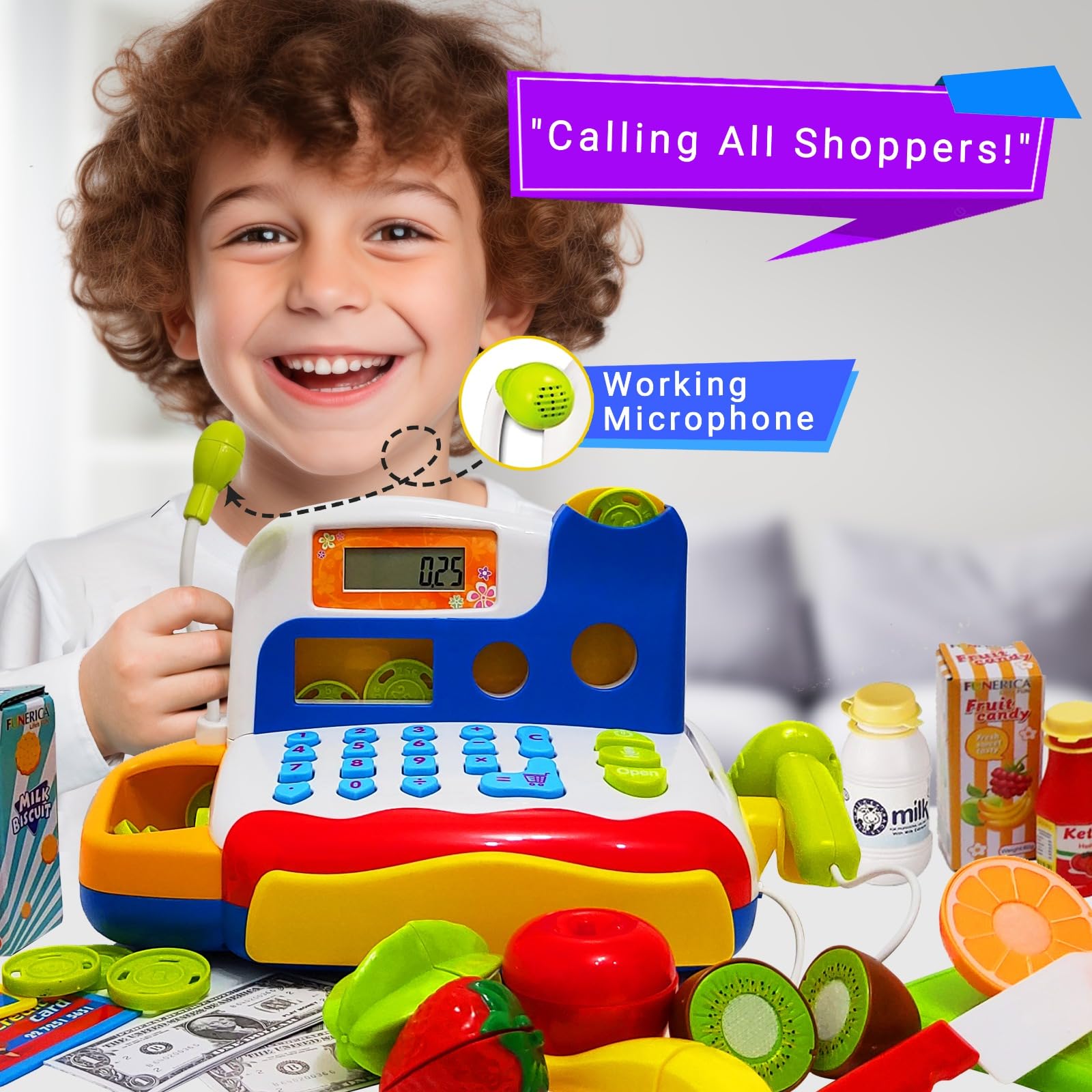 FUNERICA Toy Cash Register with Scanner, Microphone, and Interactive Calculator. Includes Grocery Food, Cuttable Fruit, Pretend Play Money - for Toddlers and Kids