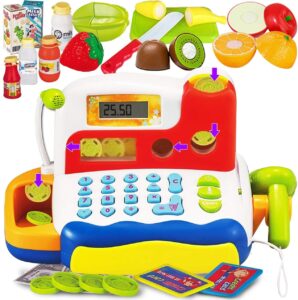 funerica toy cash register with scanner, microphone, and interactive calculator. includes grocery food, cuttable fruit, pretend play money - for toddlers and kids