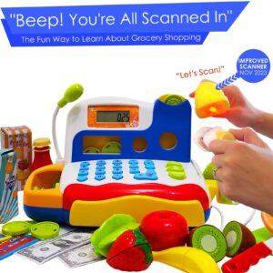 FUNERICA Toy Cash Register with Scanner, Microphone, and Interactive Calculator. Includes Grocery Food, Cuttable Fruit, Pretend Play Money - for Toddlers and Kids