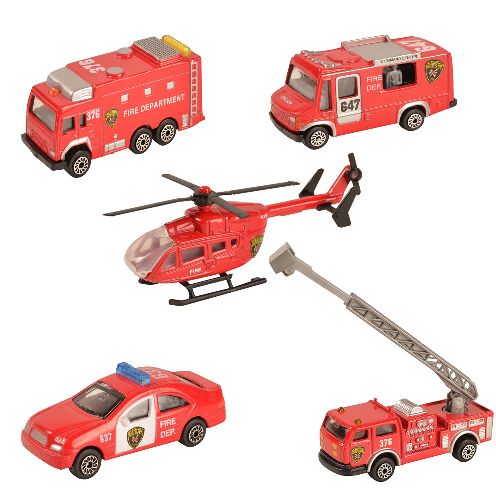 BOHS 5-Pack Fire & Emergency Rescue Vehicles Set - Die-Cast Metal Miniatures - Aerial Ladder Firetruck, Rescue Helicopter, Water Tank Fire Engine, Patrol Car & Command Center