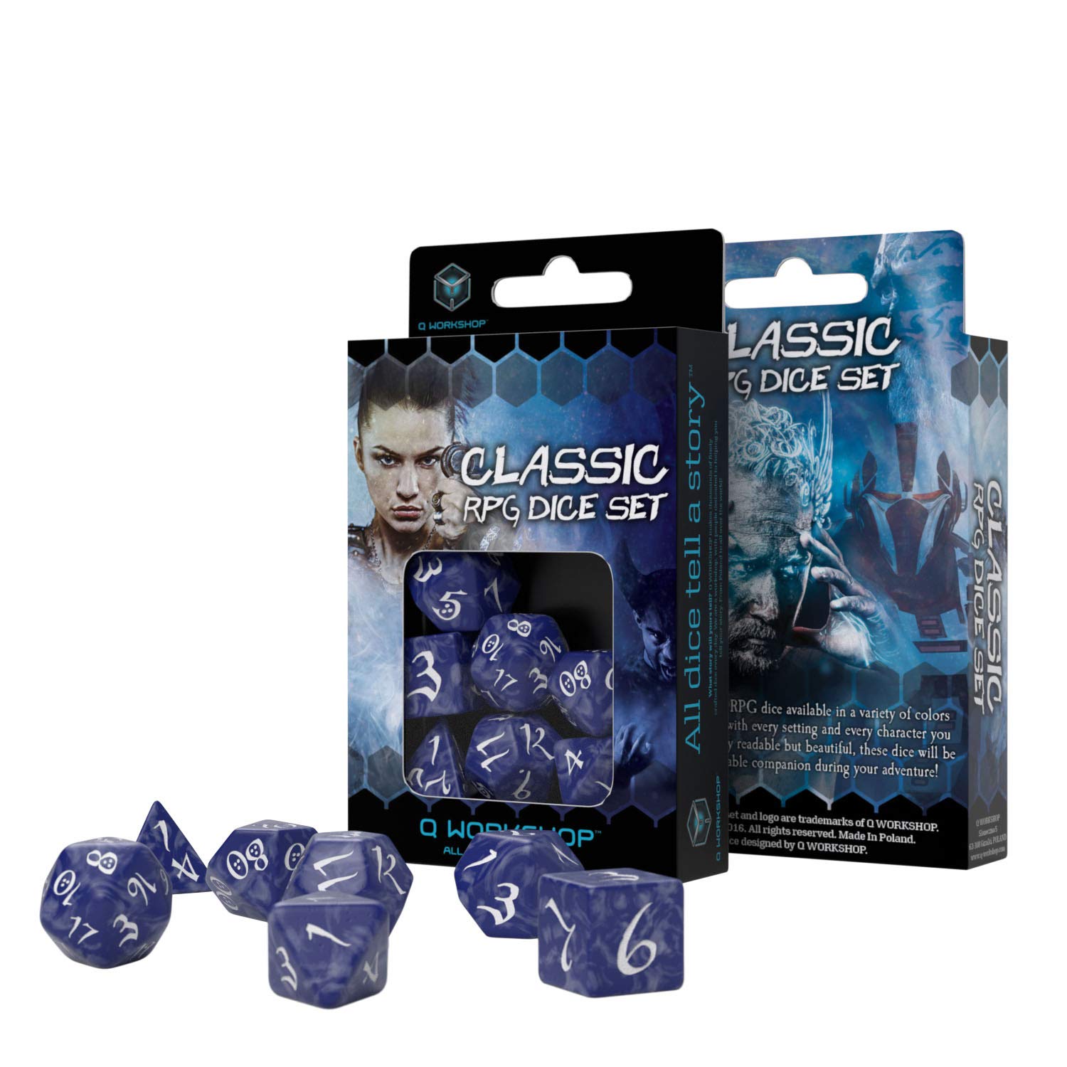 Q-Workshop Classic RPG Cobalt & White Dice Set Blue, Large (18mm - 25mm)