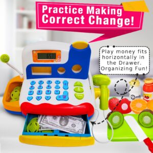 FUNERICA Toy Cash Register with Scanner, Microphone, and Interactive Calculator. Includes Grocery Food, Cuttable Fruit, Pretend Play Money - for Toddlers and Kids