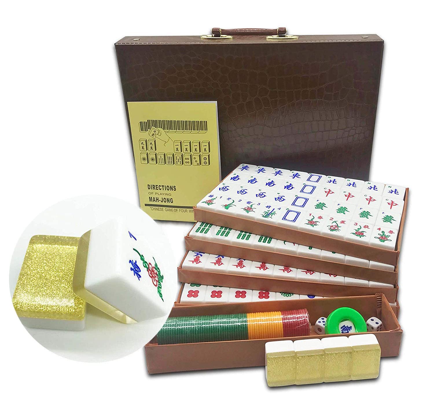 Chinese Mahjong X-Large 144 Numbered Acrylic Tiles 1.5" Large Gold Tile with Carrying Travel Case Pro Complete Mahjong Game Set - (Mah Jong, Mahjongg, Mah-Jongg, Mah Jongg, Majiang)