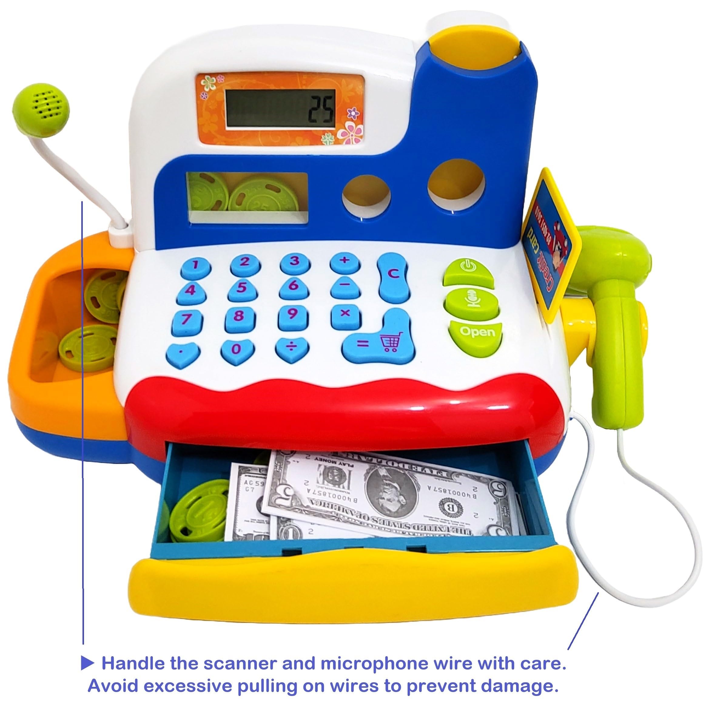 FUNERICA Toy Cash Register with Scanner, Microphone, and Interactive Calculator. Includes Grocery Food, Cuttable Fruit, Pretend Play Money - for Toddlers and Kids