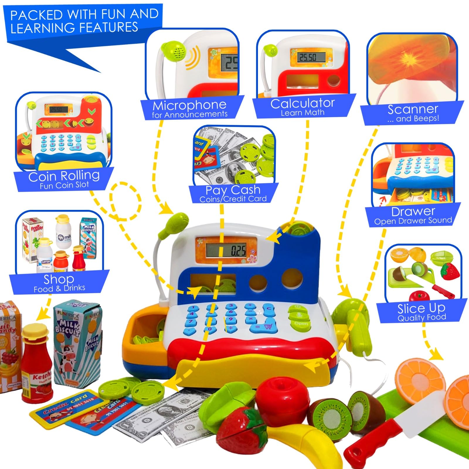 FUNERICA Toy Cash Register with Scanner, Microphone, and Interactive Calculator. Includes Grocery Food, Cuttable Fruit, Pretend Play Money - for Toddlers and Kids