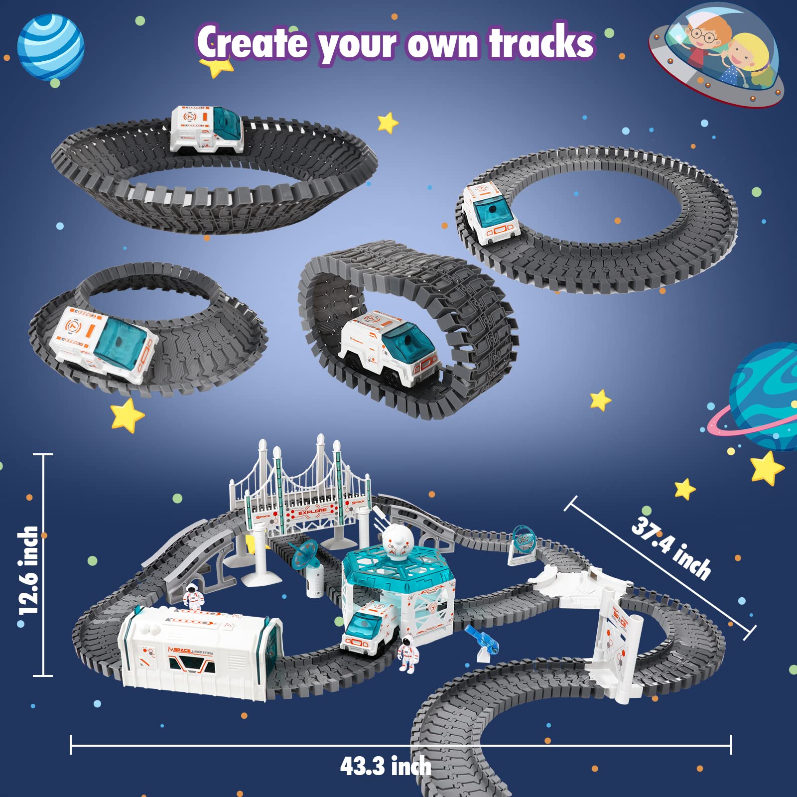 wakeInsa Space Toy,Astronaut Toys,Toddler Train Set,Race Car Track with 2 LED Space Car,Toys for 3+ Year Old Boys and Girls,Space Gift for Kids Christmas and Birthday