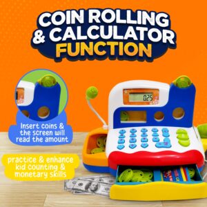 FUNERICA Toy Cash Register with Scanner, Microphone, and Interactive Calculator. Includes Grocery Food, Cuttable Fruit, Pretend Play Money - for Toddlers and Kids