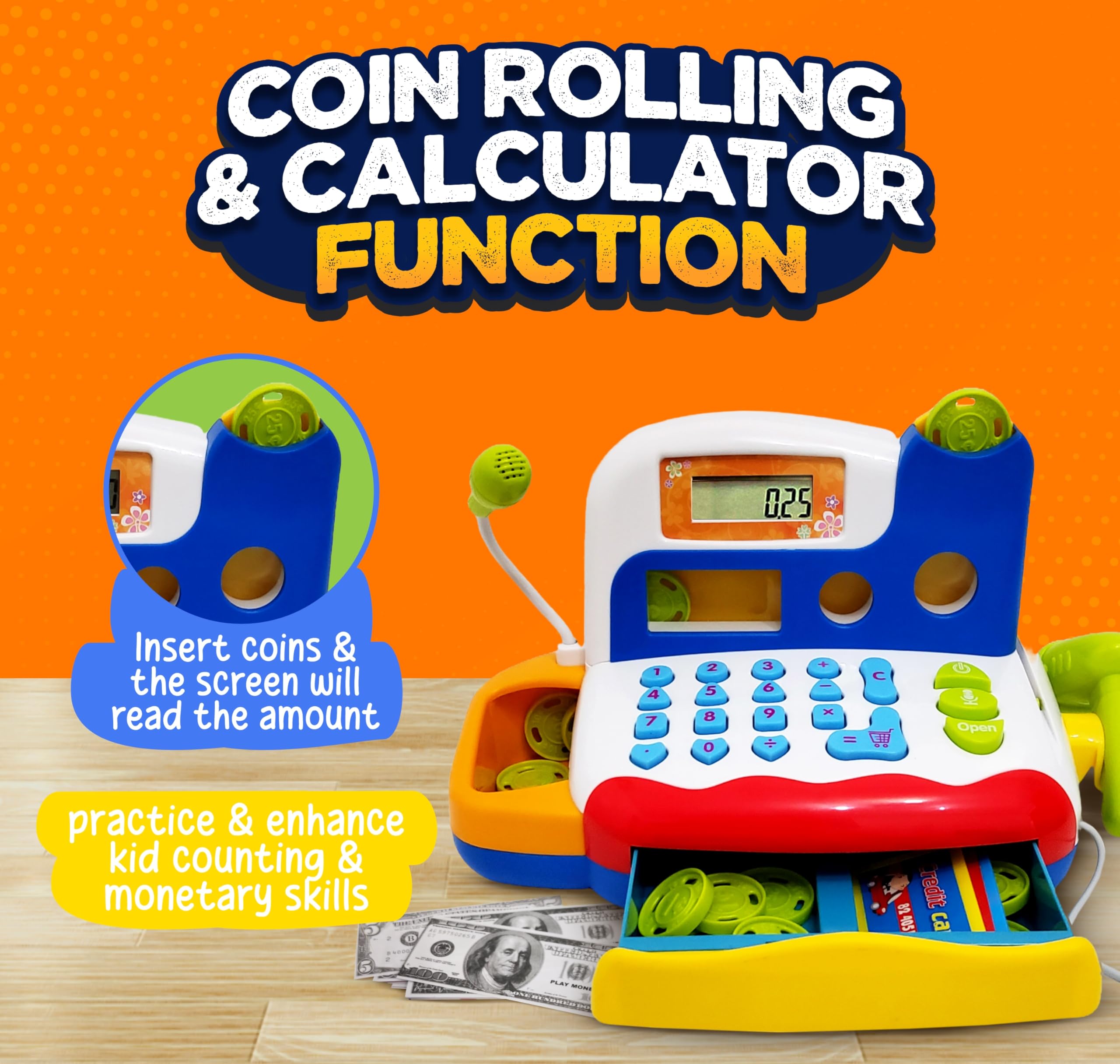 FUNERICA Toy Cash Register with Scanner, Microphone, and Interactive Calculator. Includes Grocery Food, Cuttable Fruit, Pretend Play Money - for Toddlers and Kids