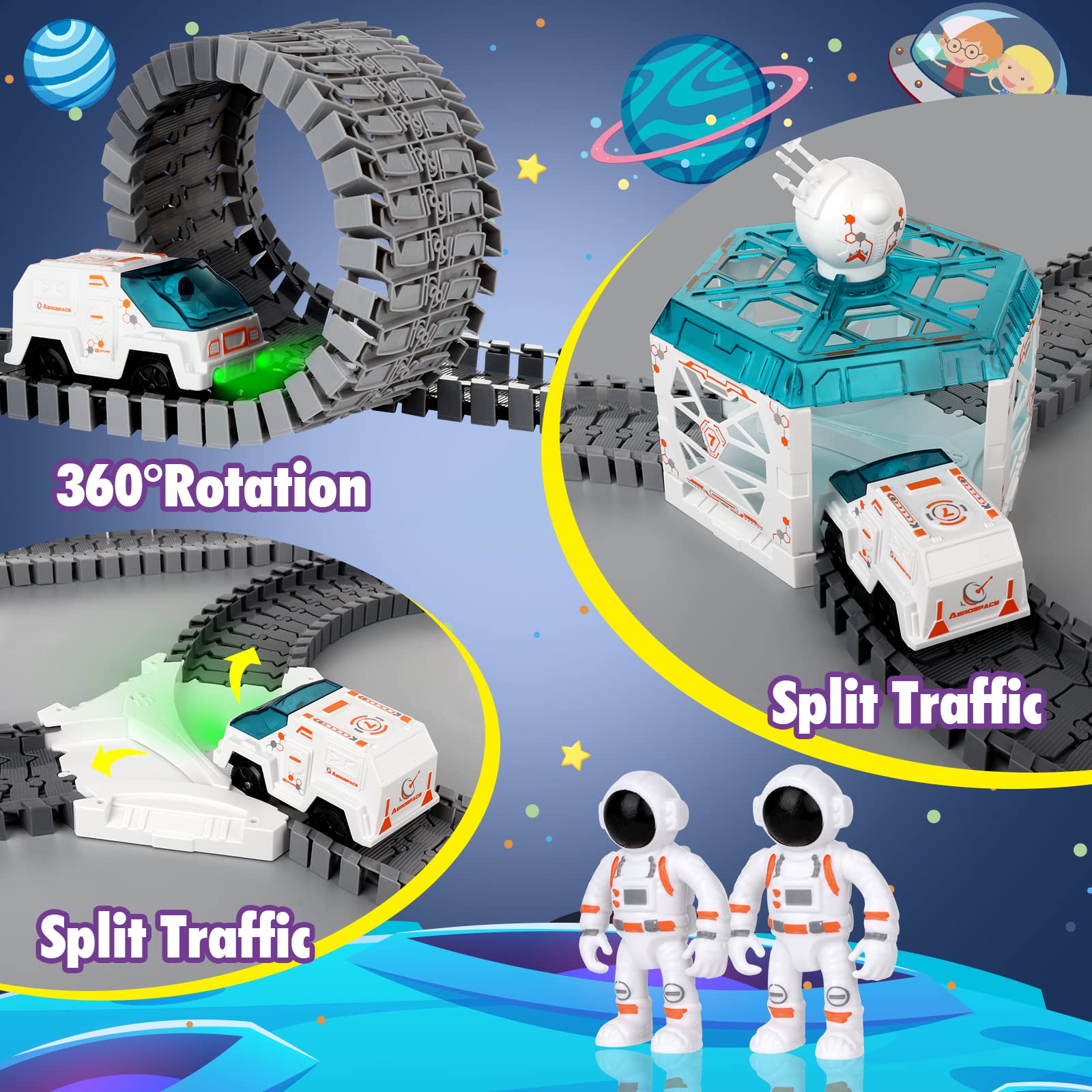 wakeInsa Space Toy,Astronaut Toys,Toddler Train Set,Race Car Track with 2 LED Space Car,Toys for 3+ Year Old Boys and Girls,Space Gift for Kids Christmas and Birthday