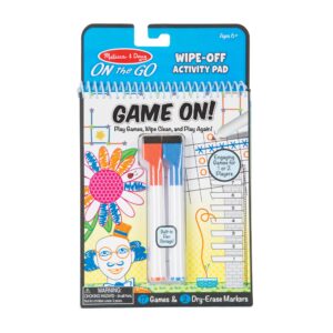 melissa & doug on the go game on! reusable games wipe-off activity pad reusable travel toy with 2 dry-erase markers - fsc certified