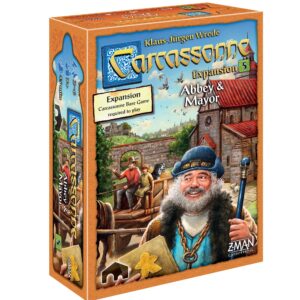 carcassonne abbey & mayor board game expansion - unleash new strategies and characters! medieval strategy game for kids and adults, ages 7+, 2-6 players, 45 minute playtime, made by z-man games