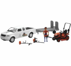 kubota 1/18 pickup truck and trailer w mower, figure & accessories by new ray