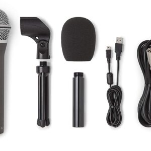 Samson Q2U Handheld Dynamic USB/XLR Microphone Podcasting Pack (Gray) (SAQ2U) Includes Mic Clip, Desktop Stand, Windscreen and Cables Plus a Bundle w/ SR360 Over-Ear Headphones, and More