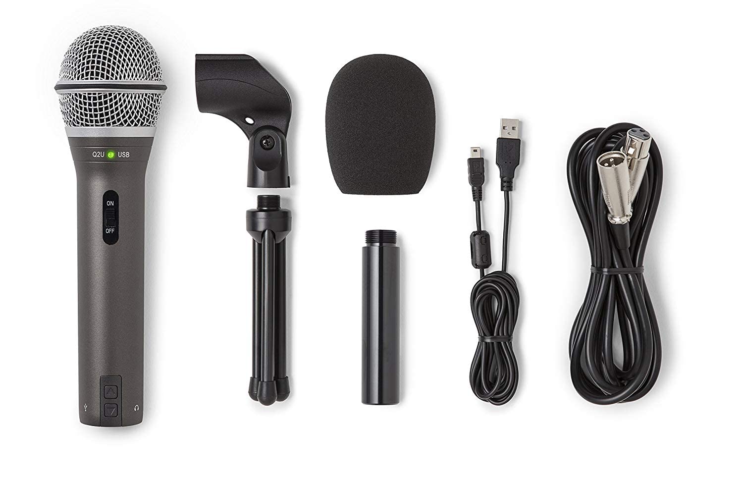 Samson Q2U Handheld Dynamic USB/XLR Microphone Podcasting Pack (Gray) (SAQ2U) Includes Mic Clip, Desktop Stand, Windscreen and Cables Plus a Bundle w/ SR360 Over-Ear Headphones, and More