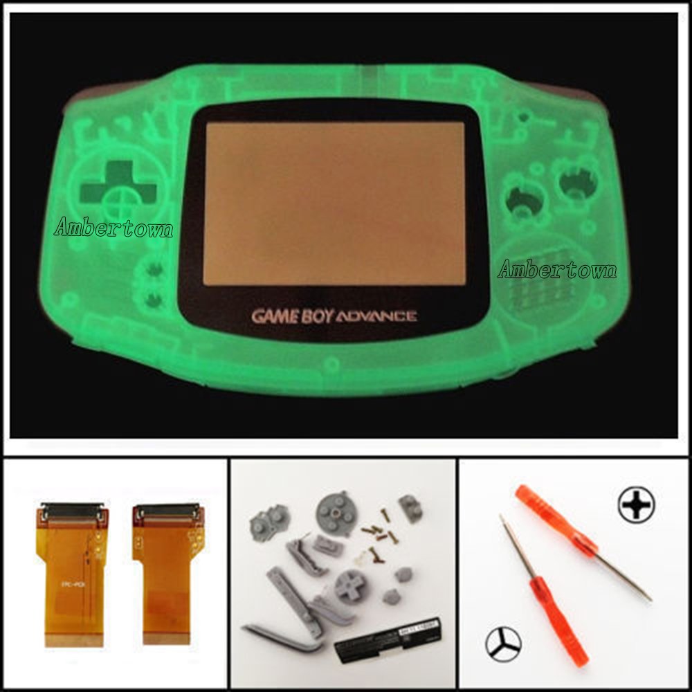 Full Housing Shell Case Cover Flex Cable Backlight Backlit Adapter for Nintendo Game Boy Advance GBA AGS 001 Mod Kit Replacement Noctilucent Edition Luminous Green